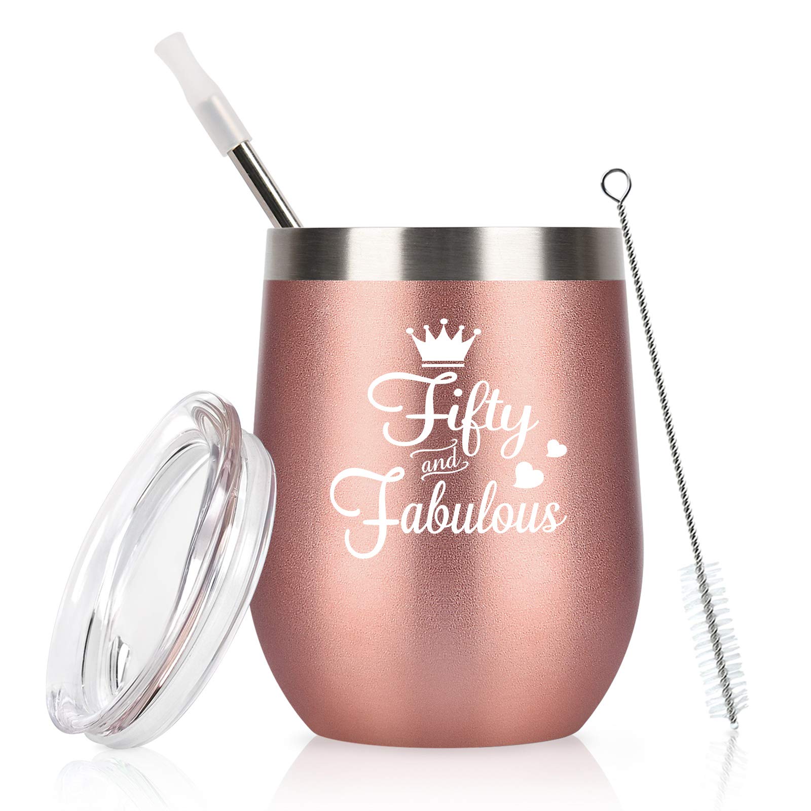 GINGPROUS 50th Birthday Gifts for Women Wife Mom Friends Coworkers, Fifty and Fabulous Wine Tumbler for 50th Birthday, 12 Oz Stainless Steel Insulated Wine Tumbler with Lid and Straw, Rose Gold