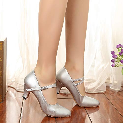 HROYL Women Closed Toe Ballroom Dance Shoes Low Heel Latin Salsa Tango Waltz Character Dance Shoes,YCL245-Silver-6,US9