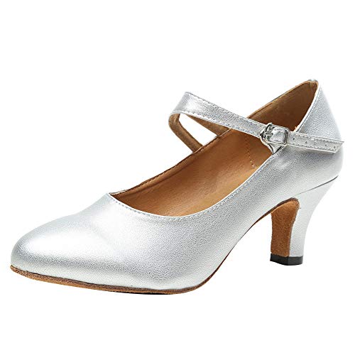 HROYL Women Closed Toe Ballroom Dance Shoes Low Heel Latin Salsa Tango Waltz Character Dance Shoes,YCL245-Silver-6,US9