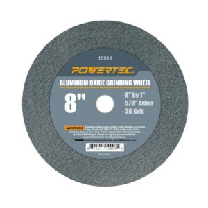 powertec 15516 bench and pedestal grinding wheels, 8 inch x 1 inch, 5/8 arbor, 36 grit, aluminum oxide bench grinder wheel for bench grinder, 1 pack