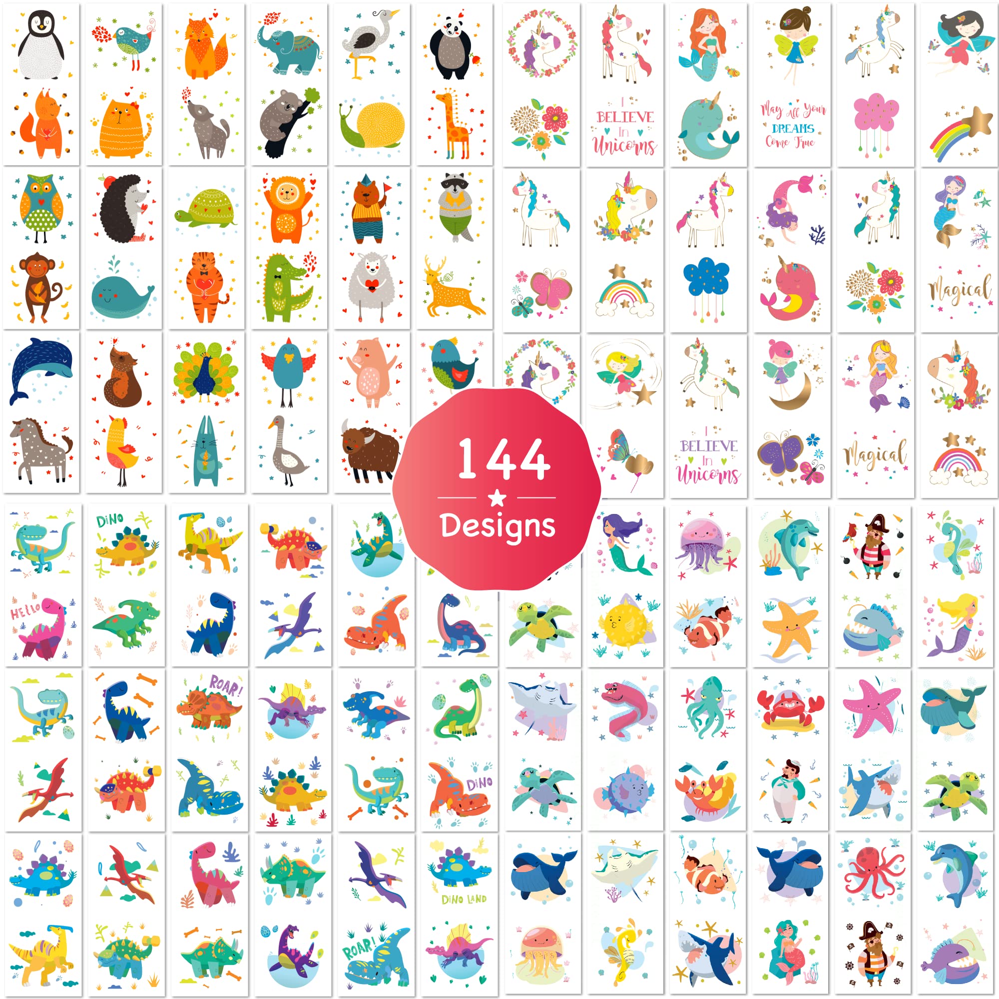 PapaKit Bundle - Temporary Fake Tattoo 72 Individually Wrapped Sheets - Cute Ocean Animals, Party Dinosaurs, Zoo Animals, Unicorn and Friends