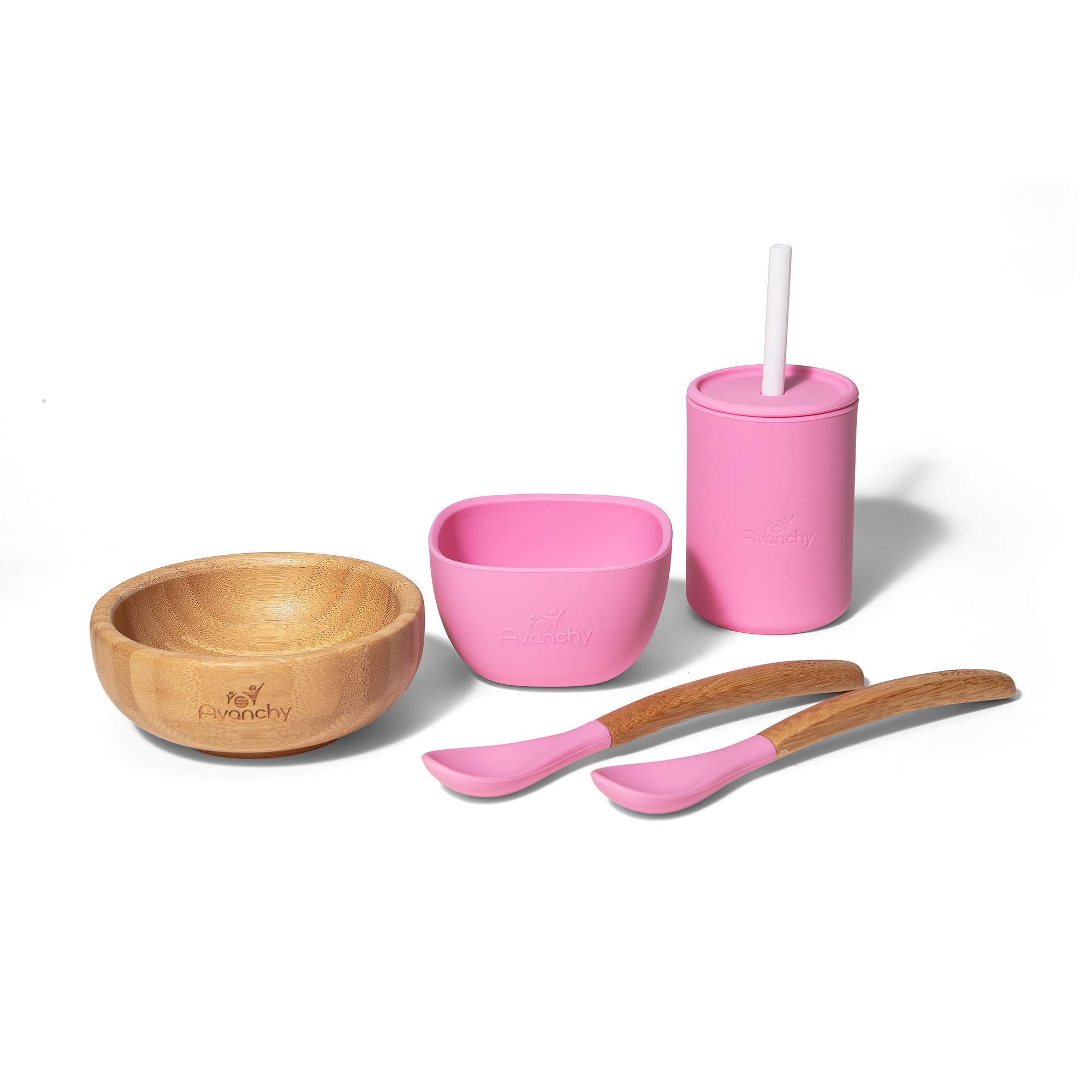 Avanchy Bamboo La Petite Family Collections Gift Set Pink - Includes Mini Bamboo Bowl, Silicone Bowl, Silicone Cup, and Bamboo Baby and Infant Spoons - Baby Food Set - Baby Shower Gifts