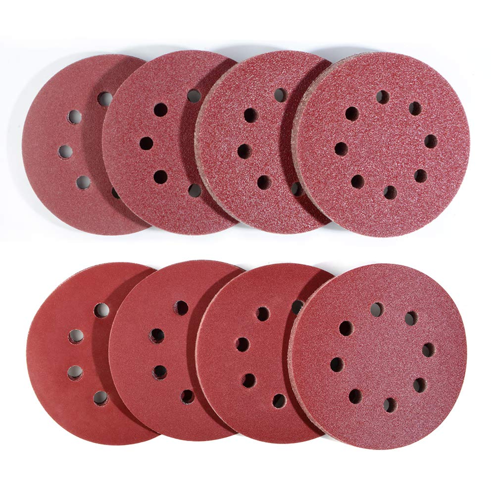 80pcs 5 inch Sanding Discs Hook and Loop, 8 Hole Orbital Sander Sandpaper, 10 x 40/60/80/120/180/240/320/400 Grit Orbital Sander Pads, Round Sandpaper Discs by Taspire