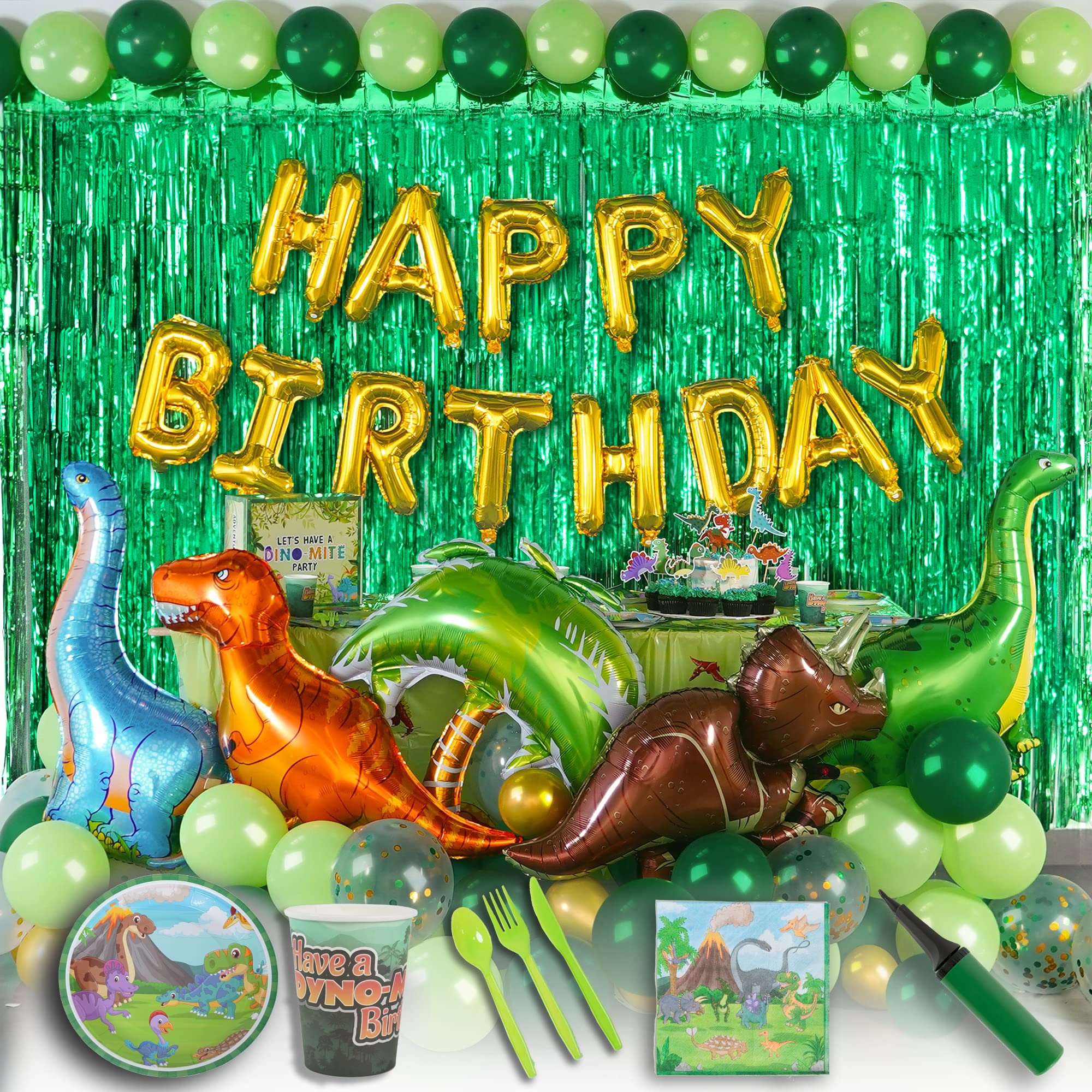 Partyville Dinosaur Party Decorations - Dinosaur Birthday Party Supplies Kit (SERVES 16) With Plates Cups Napkins Banner Cutlery BALLOON PUMP Tablecloth AND MUCH MORE