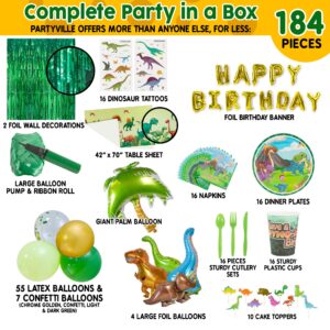 Partyville Dinosaur Party Decorations - Dinosaur Birthday Party Supplies Kit (SERVES 16) With Plates Cups Napkins Banner Cutlery BALLOON PUMP Tablecloth AND MUCH MORE