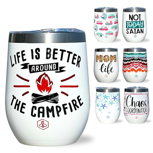 Funny Stainless Steel Stemless Wine Tumbler - 12 oz. Double Wall Vacuum Insulated Travel Glass with Lid - Great Christmas & Birthday Gifts for Best Friend, Sister, & Women (Campfire)