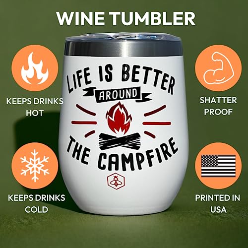 Funny Stainless Steel Stemless Wine Tumbler - 12 oz. Double Wall Vacuum Insulated Travel Glass with Lid - Great Christmas & Birthday Gifts for Best Friend, Sister, & Women (Campfire)