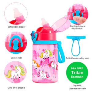 Home Tune 2 Pack Cute Water Bottles with Straw for Kids Girls Boys, BPA FREE Tritan & Leak Proof & Secure Lock & Soft Carry Loop, 14oz / 400ml (Unicorn & Mermaid)