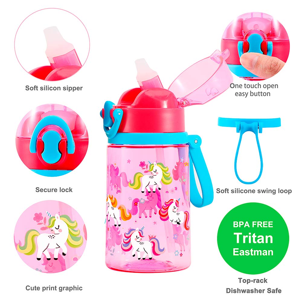 Home Tune 2 Pack Cute Water Bottles with Straw for Kids Girls Boys, BPA FREE Tritan & Leak Proof & Secure Lock & Soft Carry Loop, 14oz / 400ml (Unicorn & Mermaid)