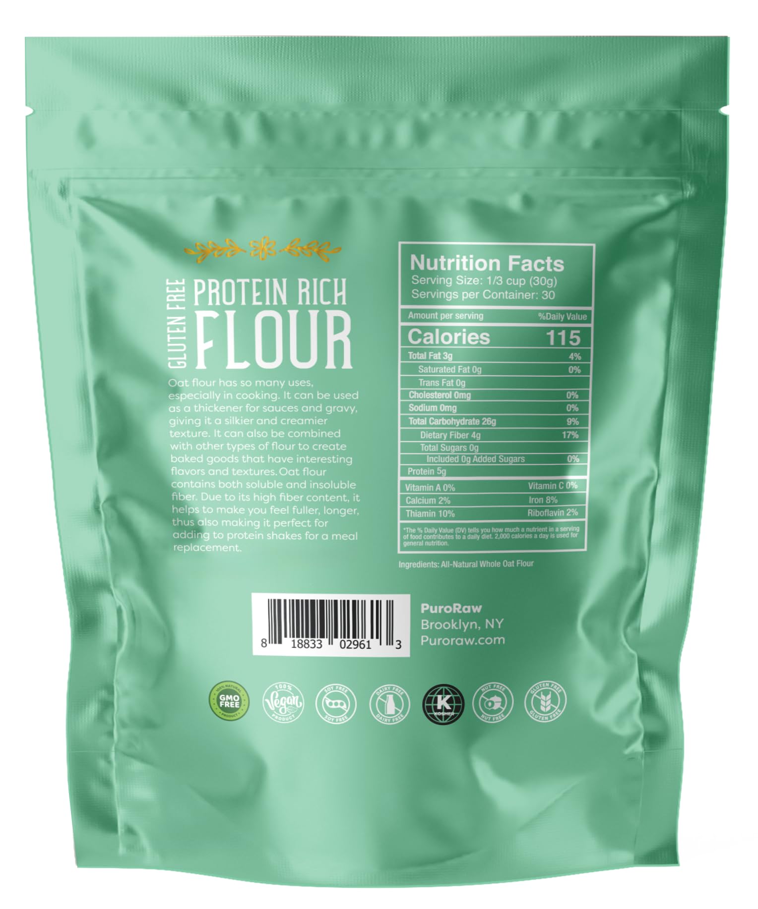 Oat Flour, 2lbs, Gluten Free Oat Flour for Baking, Oat Flour Gluten Free, Oatmeal Flour, Oat Powder, Whole Oats Flour, All Natural, Non-GMO, Batch Tested, Product of Canada, 2 Pounds, By PuroRaw.