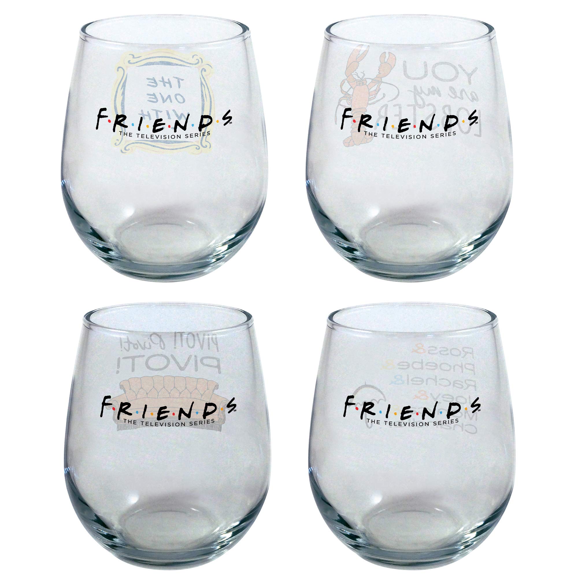 FRIENDS Favorites Curved Table 21 Ounce Stemless Wine Glass 4 Pack Gift Set the TV Show