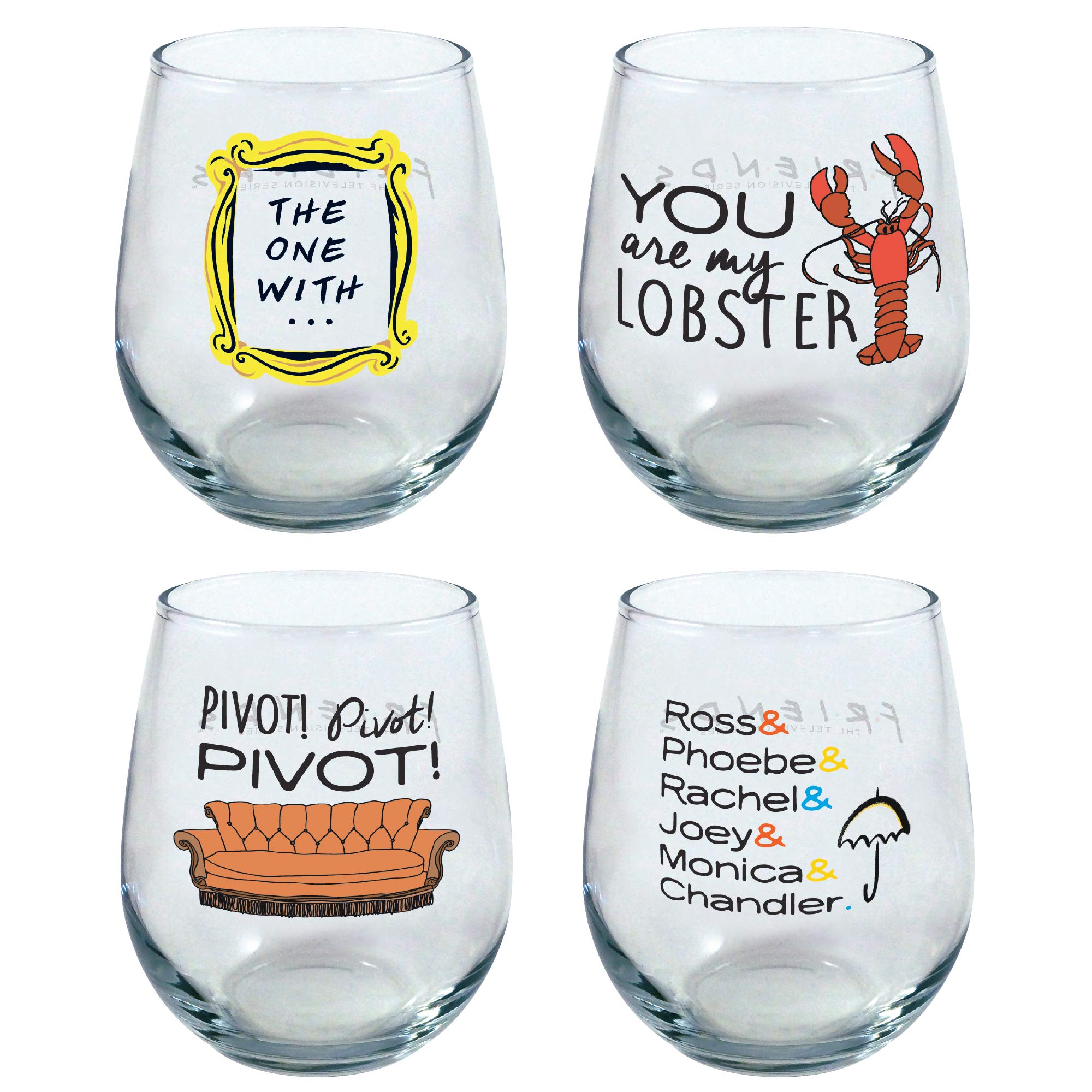 FRIENDS Favorites Curved Table 21 Ounce Stemless Wine Glass 4 Pack Gift Set the TV Show