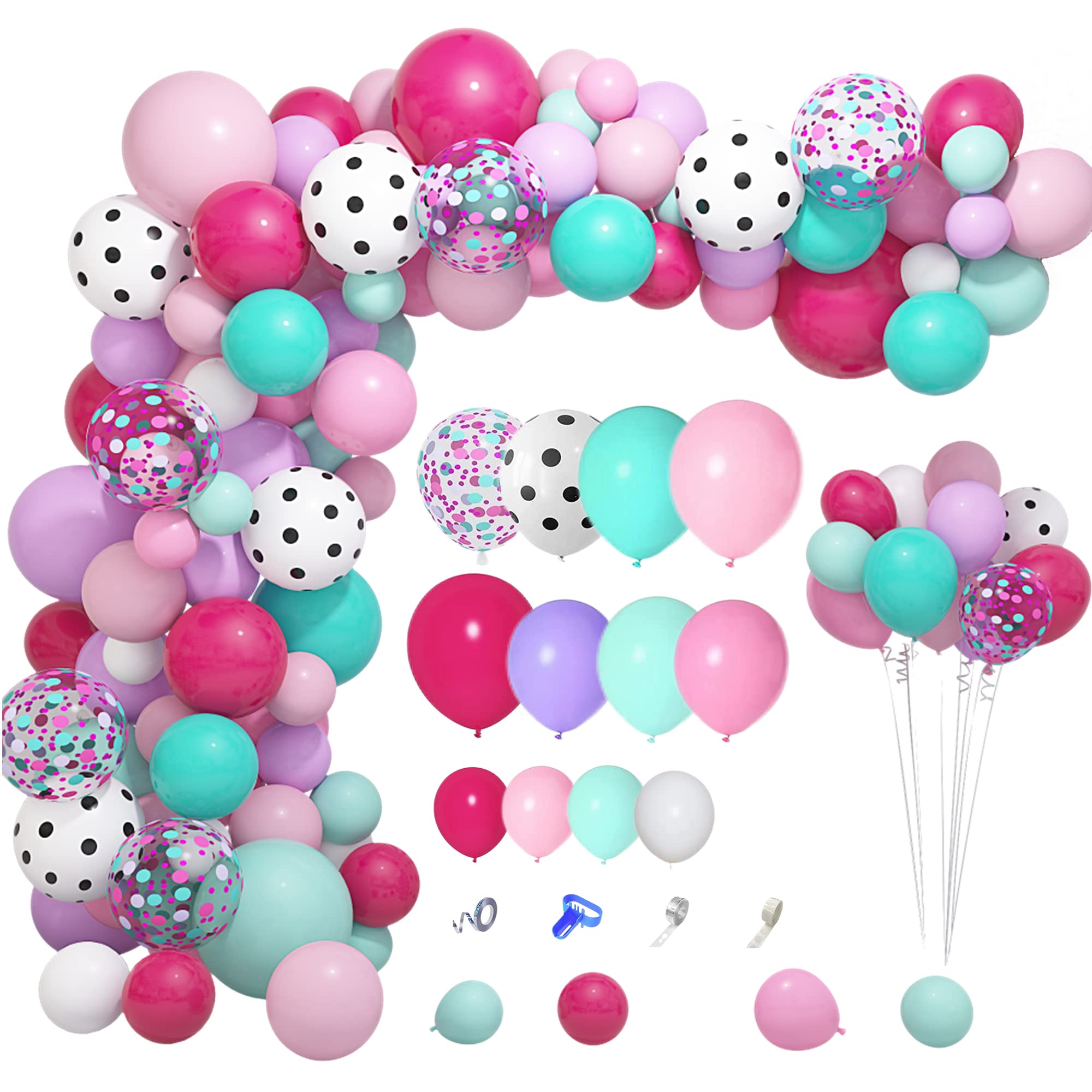 Amandir 152pcs Surprise Party Balloons Garland Arch Kit, Rose Red Aqua Blue White Polka Dots Confetti Latex Balloon for Spa Girls Surprise Birthday Baby Shower Decorations Supplies & 4 Balloon Tools