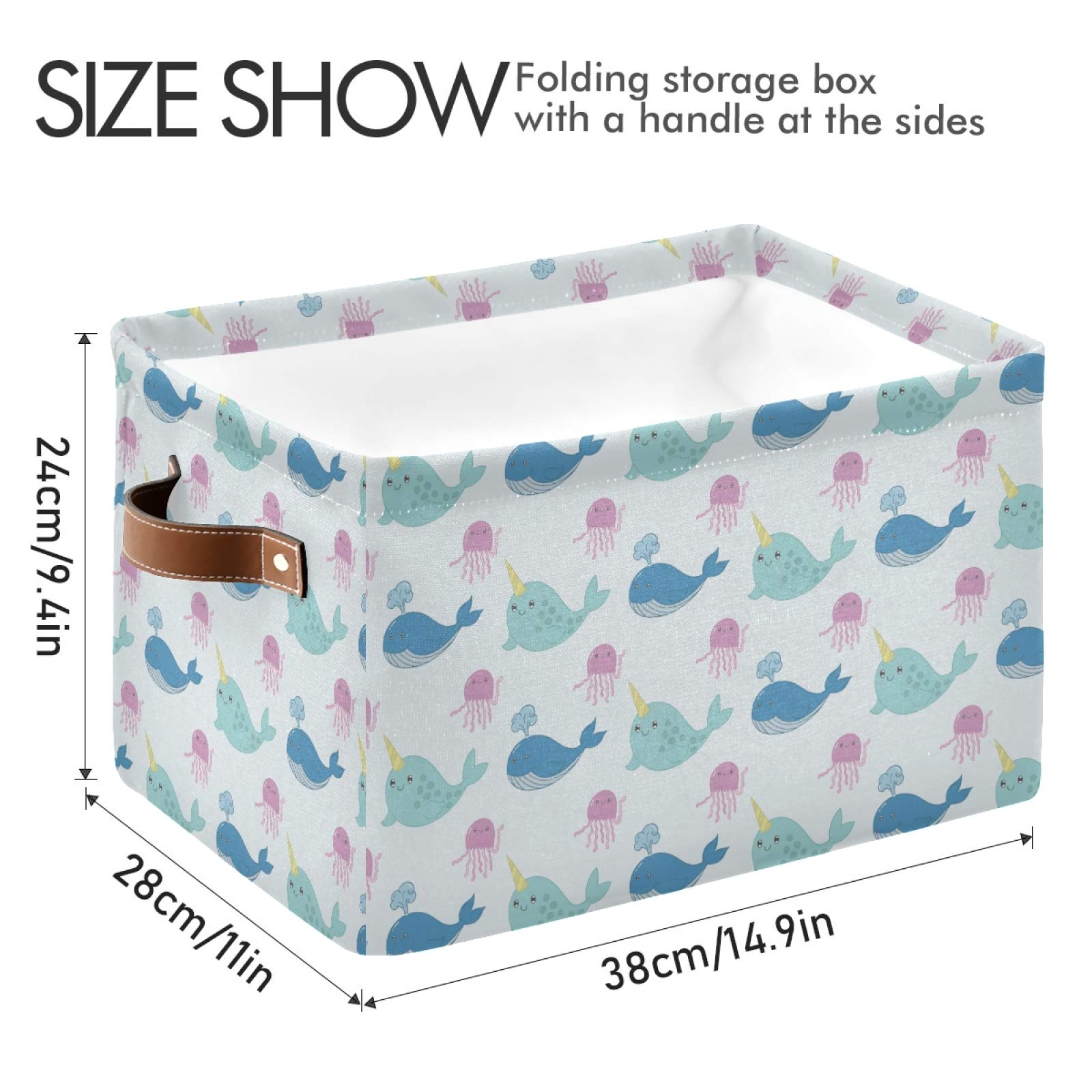 senya Large Foldable Storage Basket with Handles, Jellyfish Whale Narwhal Fabric Collapsible Storage Bins Organizer Bag for Baby Storage Toy Storage 15 x 11 x 9.5 inch