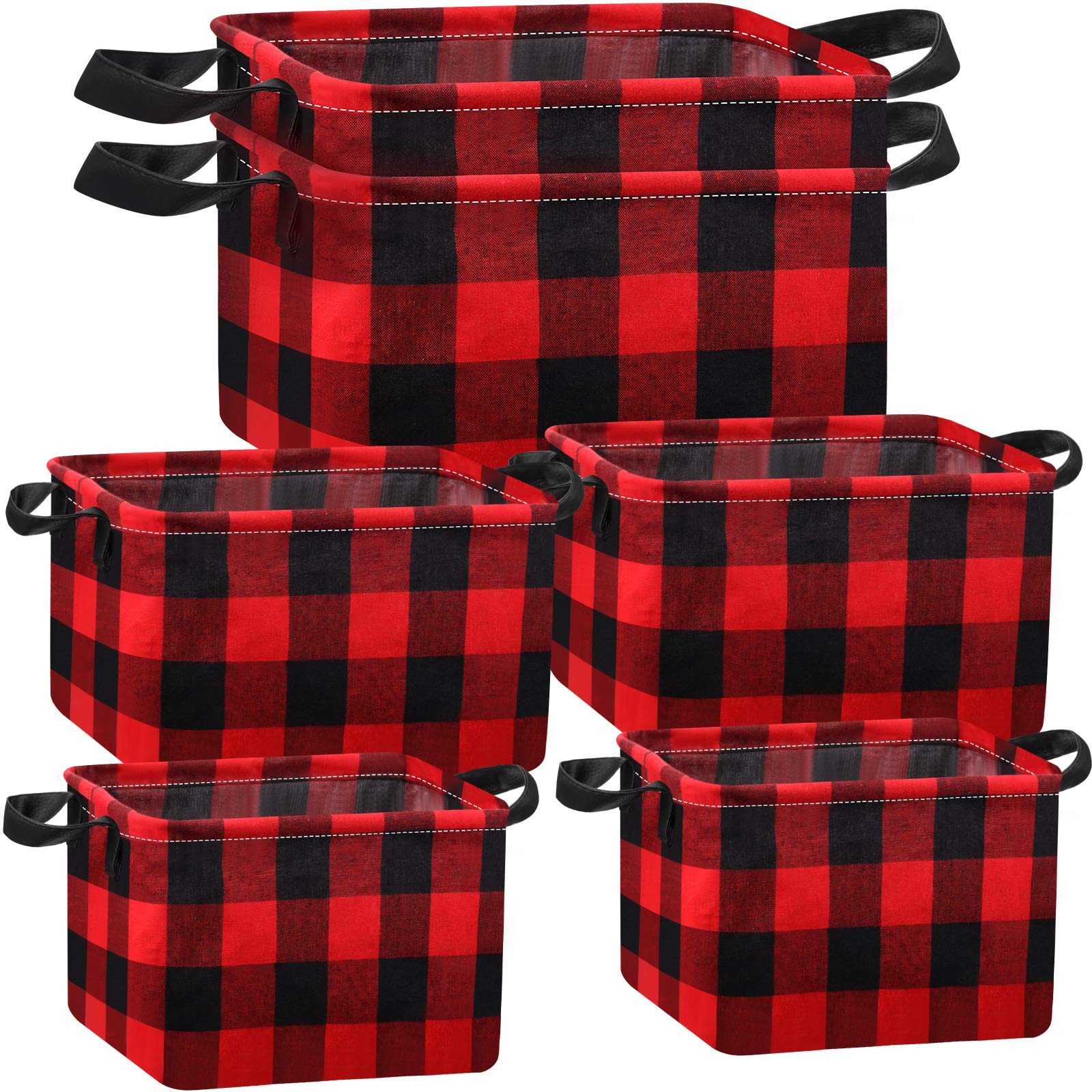 Boao 6 Pcs Buffalo Plaid Basket Square Storage Basket Buffalo Check Basket Bin Solid Storage Organizer with Handles Collapsible Square Organizer for Home Office (Red, Black, Plaid Style)