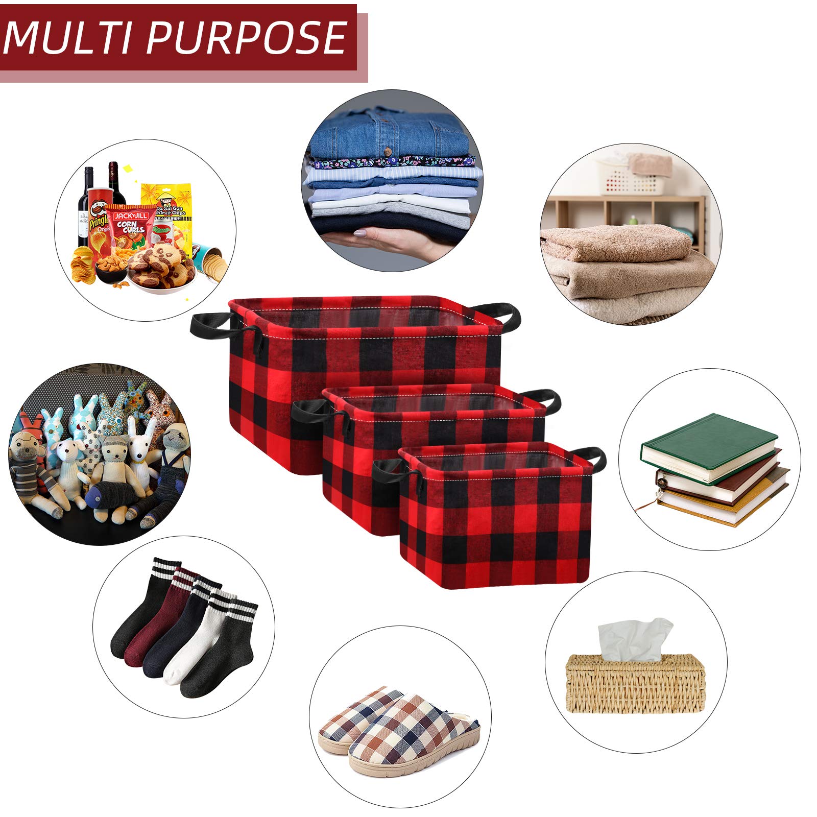 Boao 6 Pcs Buffalo Plaid Basket Square Storage Basket Buffalo Check Basket Bin Solid Storage Organizer with Handles Collapsible Square Organizer for Home Office (Red, Black, Plaid Style)