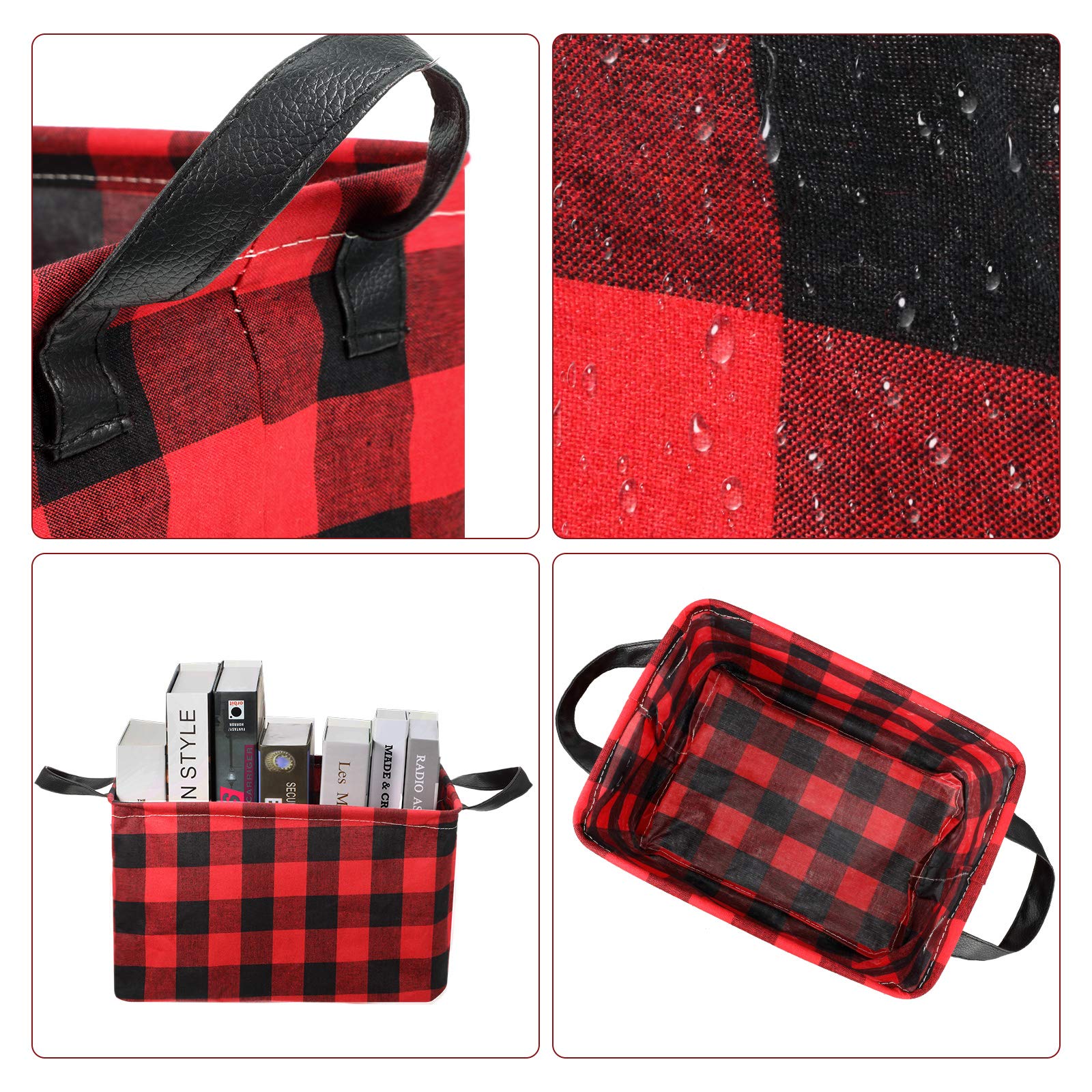 Boao 6 Pcs Buffalo Plaid Basket Square Storage Basket Buffalo Check Basket Bin Solid Storage Organizer with Handles Collapsible Square Organizer for Home Office (Red, Black, Plaid Style)