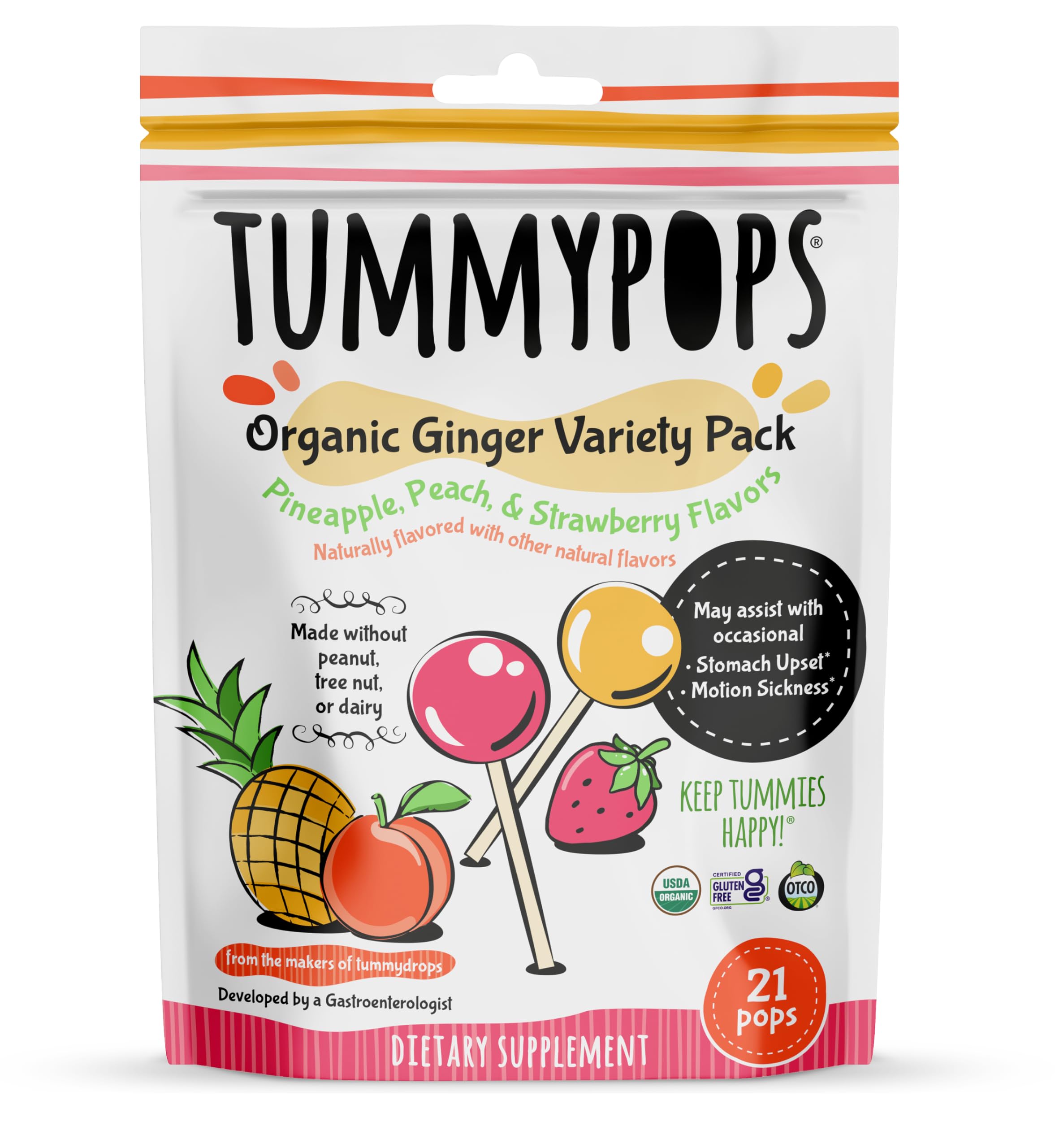 USDA Organic Tummypops Ginger Variety Pack (Pineapple, Peach, & Strawberry)