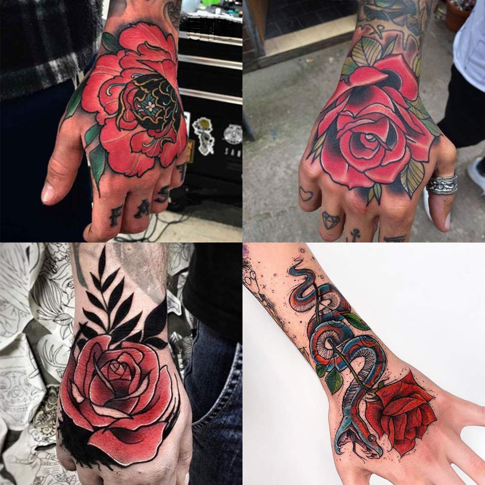 Oottati Waterproof 4 Sheets Back of Hand Fake Temporary Tattoo Stickers Colorful Red Rose Snake Flower