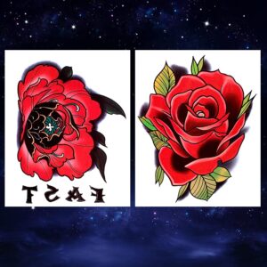 Oottati Waterproof 4 Sheets Back of Hand Fake Temporary Tattoo Stickers Colorful Red Rose Snake Flower