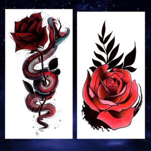 Oottati Waterproof 4 Sheets Back of Hand Fake Temporary Tattoo Stickers Colorful Red Rose Snake Flower