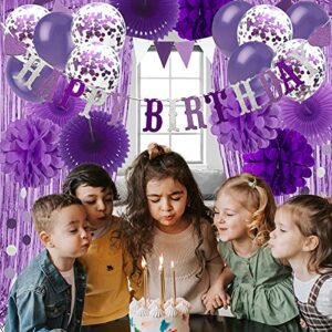 Recosis Birthday Party Decorations, Purple Party Decorations for Boy Girls Men Women Happy Birthday Banner, Curtains Paper Pompoms and Fans Garland Confetti Balloons for Birthday Party Decorations