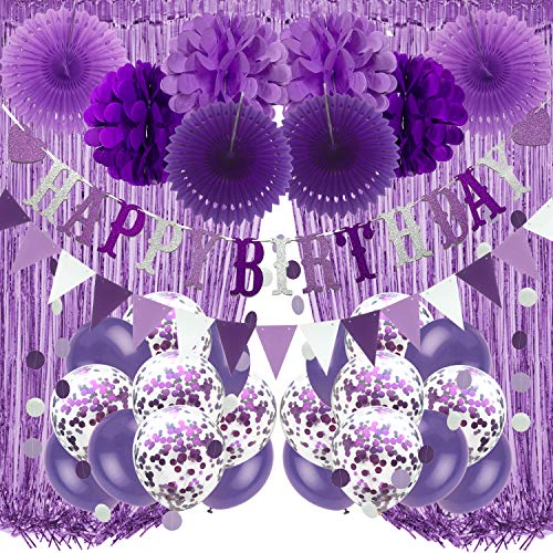 Recosis Birthday Party Decorations, Purple Party Decorations for Boy Girls Men Women Happy Birthday Banner, Curtains Paper Pompoms and Fans Garland Confetti Balloons for Birthday Party Decorations