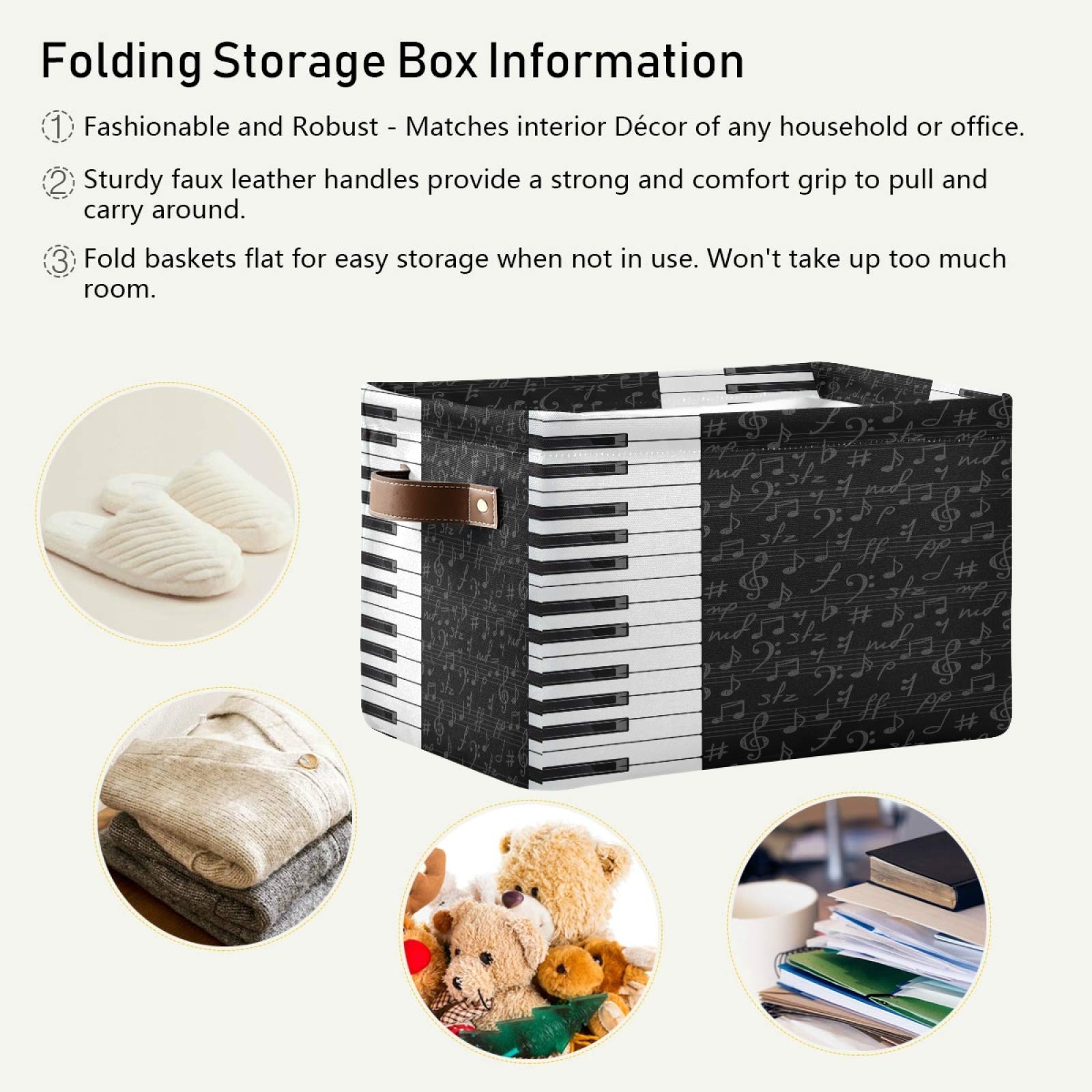 AUUXVA Storage Basket Piano Keyboard Music Note Storage Cube Box Durable Canvas Collapsible Toy Basket Organizer Bin with Handles for Shelf Closet Bedroom Home Office