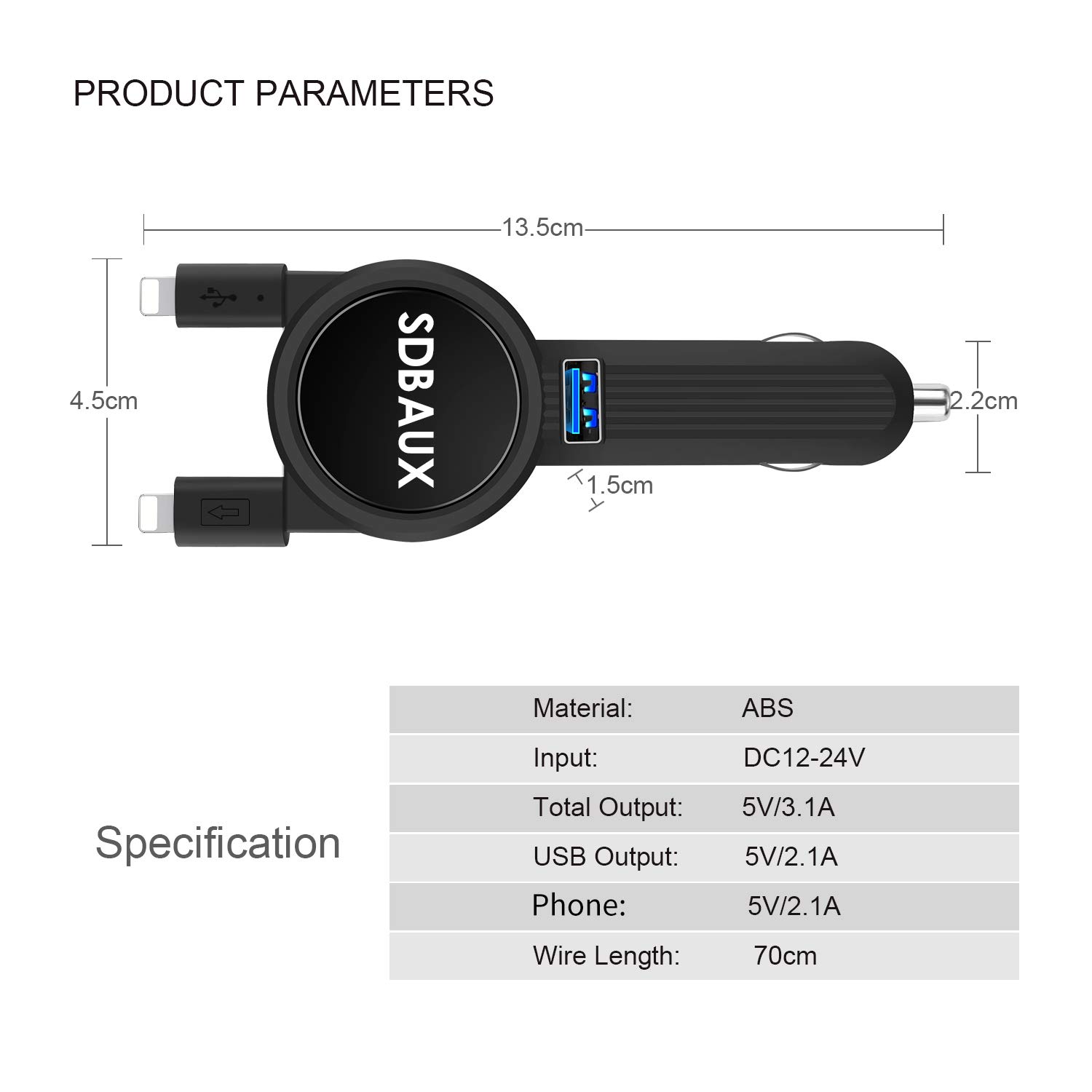 SDBAUX Car Charger,Quick Charge 3.1A/15W with 2.3ft Dual Retractable Cable,Compatible for Phone 14 13 12 11 Pro XS Max XR X 8 7 6 Plus 5s,1 USB Port Compatible with All USB Device Charging