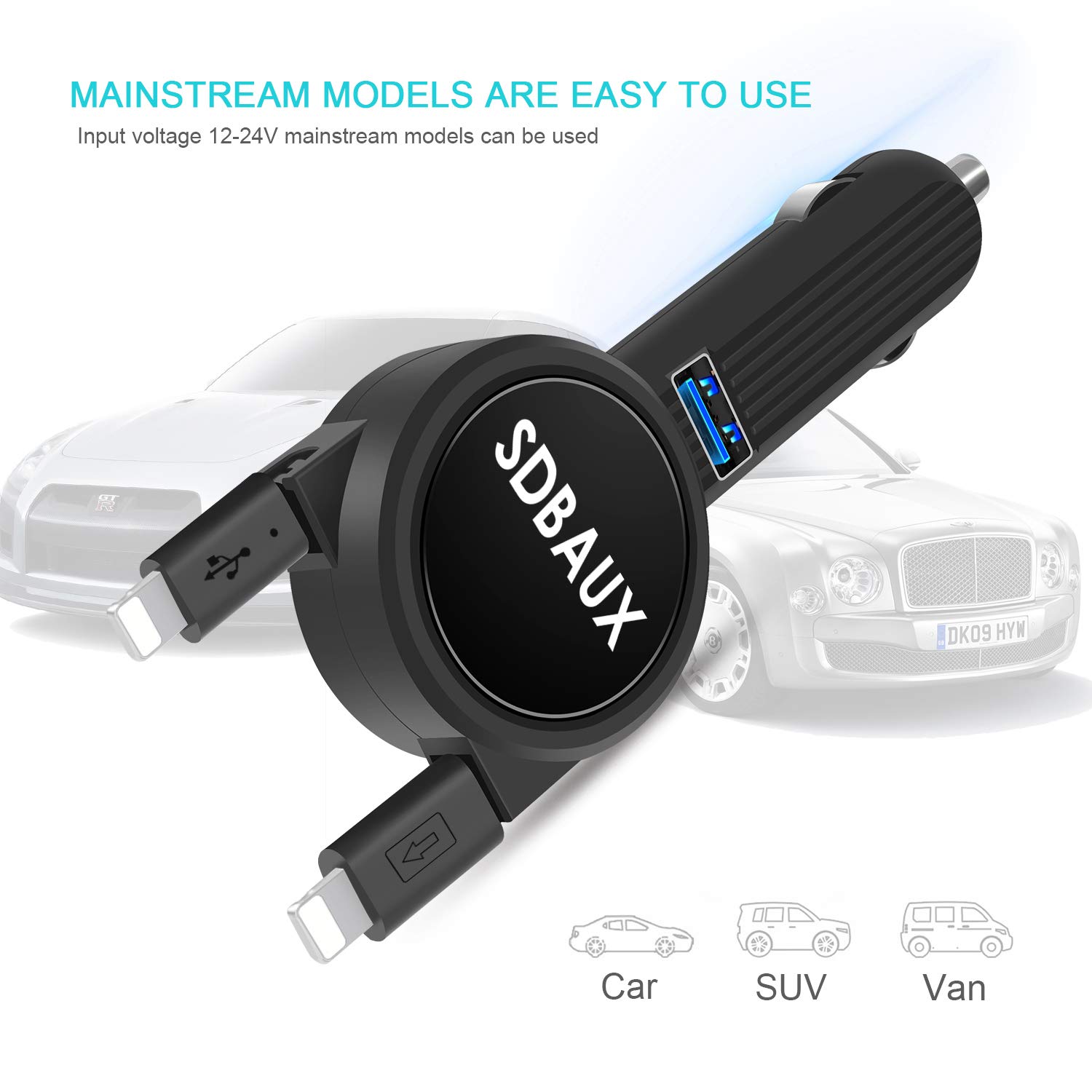 SDBAUX Car Charger,Quick Charge 3.1A/15W with 2.3ft Dual Retractable Cable,Compatible for Phone 14 13 12 11 Pro XS Max XR X 8 7 6 Plus 5s,1 USB Port Compatible with All USB Device Charging