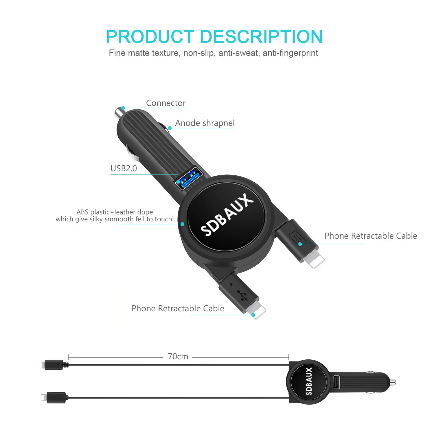 SDBAUX Car Charger,Quick Charge 3.1A/15W with 2.3ft Dual Retractable Cable,Compatible for Phone 14 13 12 11 Pro XS Max XR X 8 7 6 Plus 5s,1 USB Port Compatible with All USB Device Charging