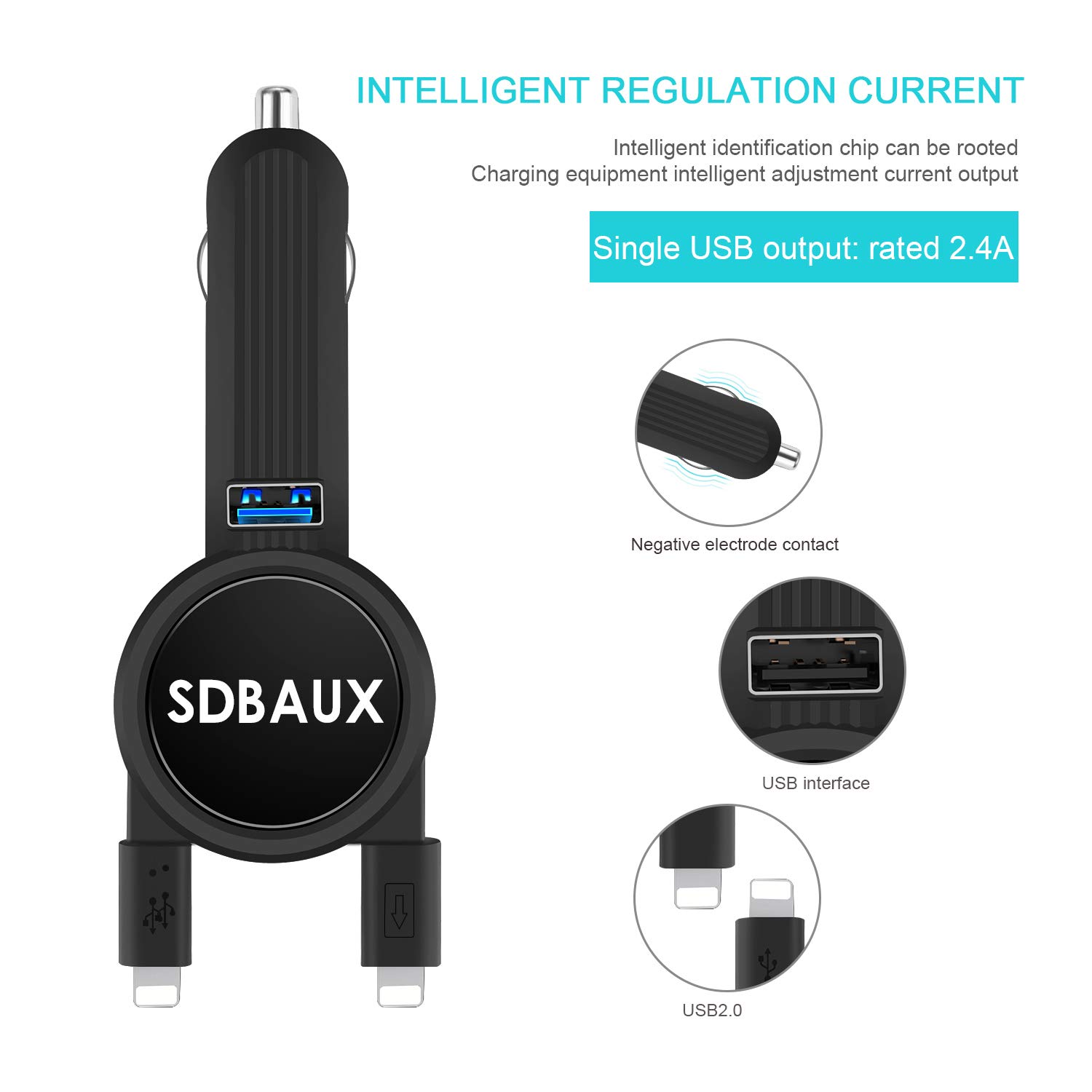 SDBAUX Car Charger,Quick Charge 3.1A/15W with 2.3ft Dual Retractable Cable,Compatible for Phone 14 13 12 11 Pro XS Max XR X 8 7 6 Plus 5s,1 USB Port Compatible with All USB Device Charging