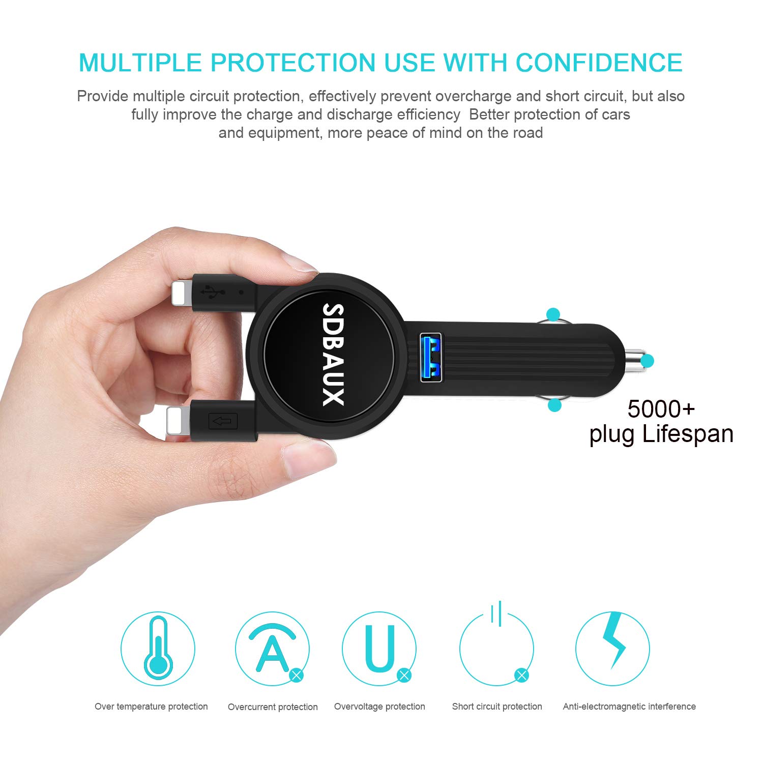 SDBAUX Car Charger,Quick Charge 3.1A/15W with 2.3ft Dual Retractable Cable,Compatible for Phone 14 13 12 11 Pro XS Max XR X 8 7 6 Plus 5s,1 USB Port Compatible with All USB Device Charging