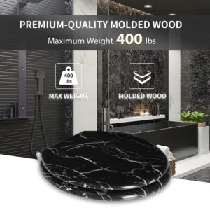 Angel Shield Marble Toilet Seat Durable Molded Wood with Quiet Close,Easy Clean，Quick-Release Hinges (Round,Black Marble)