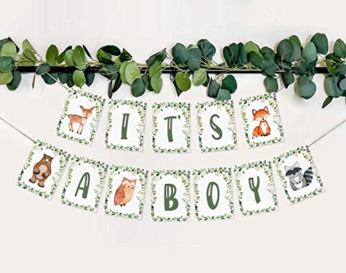 Woodland Baby Shower Banner, Forest Animals Creatures It's A Boy Bunting Banner for Woodland Baby Shower Decorations