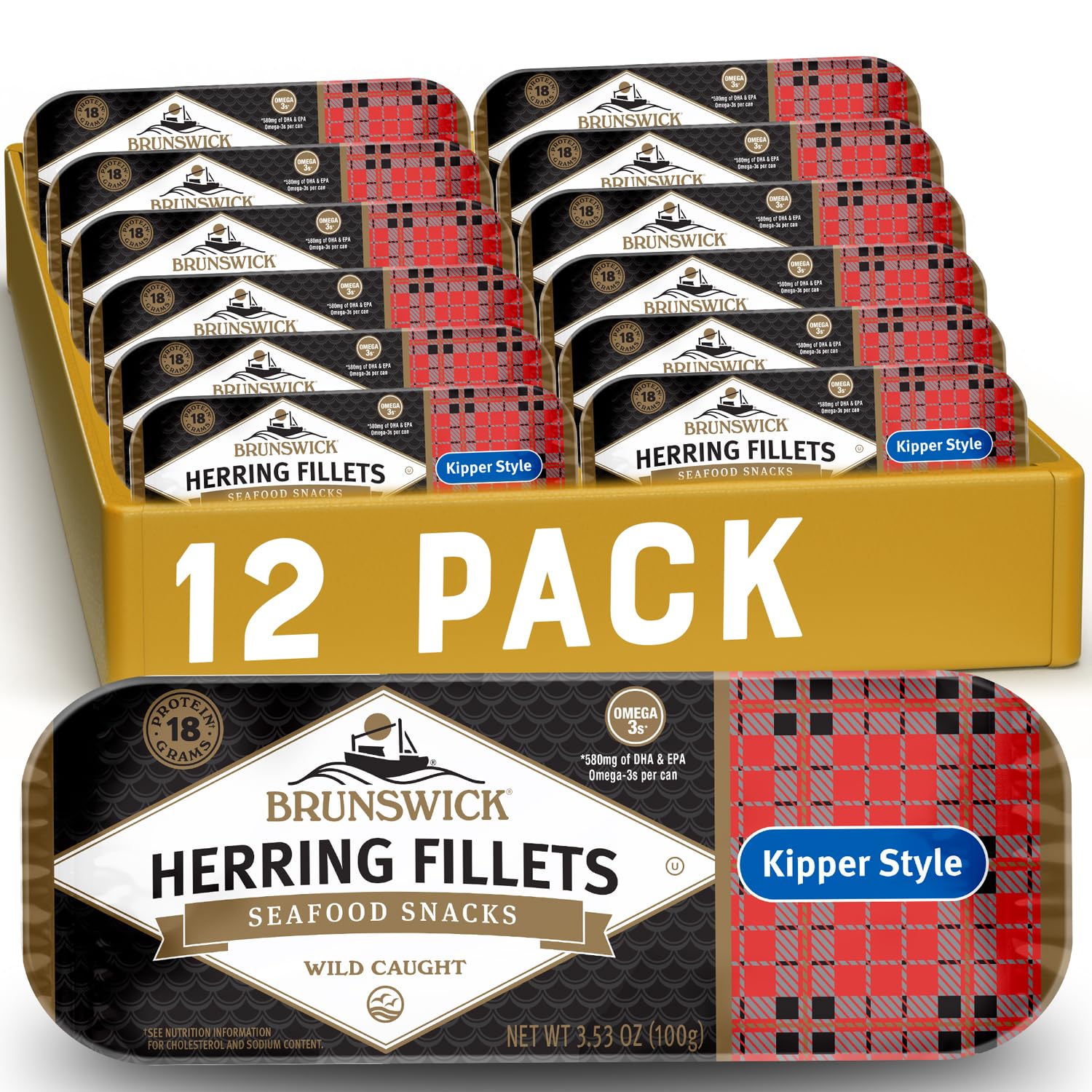 Brunswick Boneless Kipper Style Herring Fillets, 3.53 oz Can (Pack of 12) - 18g Protein per Serving - Gluten Free, Keto Friendly - Great for Pasta & Seafood Recipes