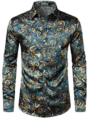 ZEROYAA Men's Hipster Design Silk Like Satin Button Up Paisley Dress Shirt for Party Prom ZLCL31-101-Teal Medium