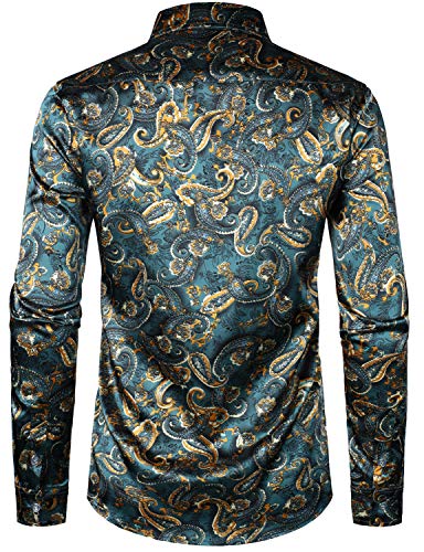 ZEROYAA Men's Hipster Design Silk Like Satin Button Up Paisley Dress Shirt for Party Prom ZLCL31-101-Teal Medium