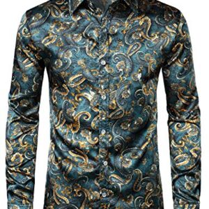 ZEROYAA Men's Hipster Design Silk Like Satin Button Up Paisley Dress Shirt for Party Prom ZLCL31-101-Teal Medium