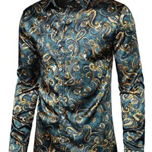 ZEROYAA Men's Hipster Design Silk Like Satin Button Up Paisley Dress Shirt for Party Prom ZLCL31-101-Teal Medium