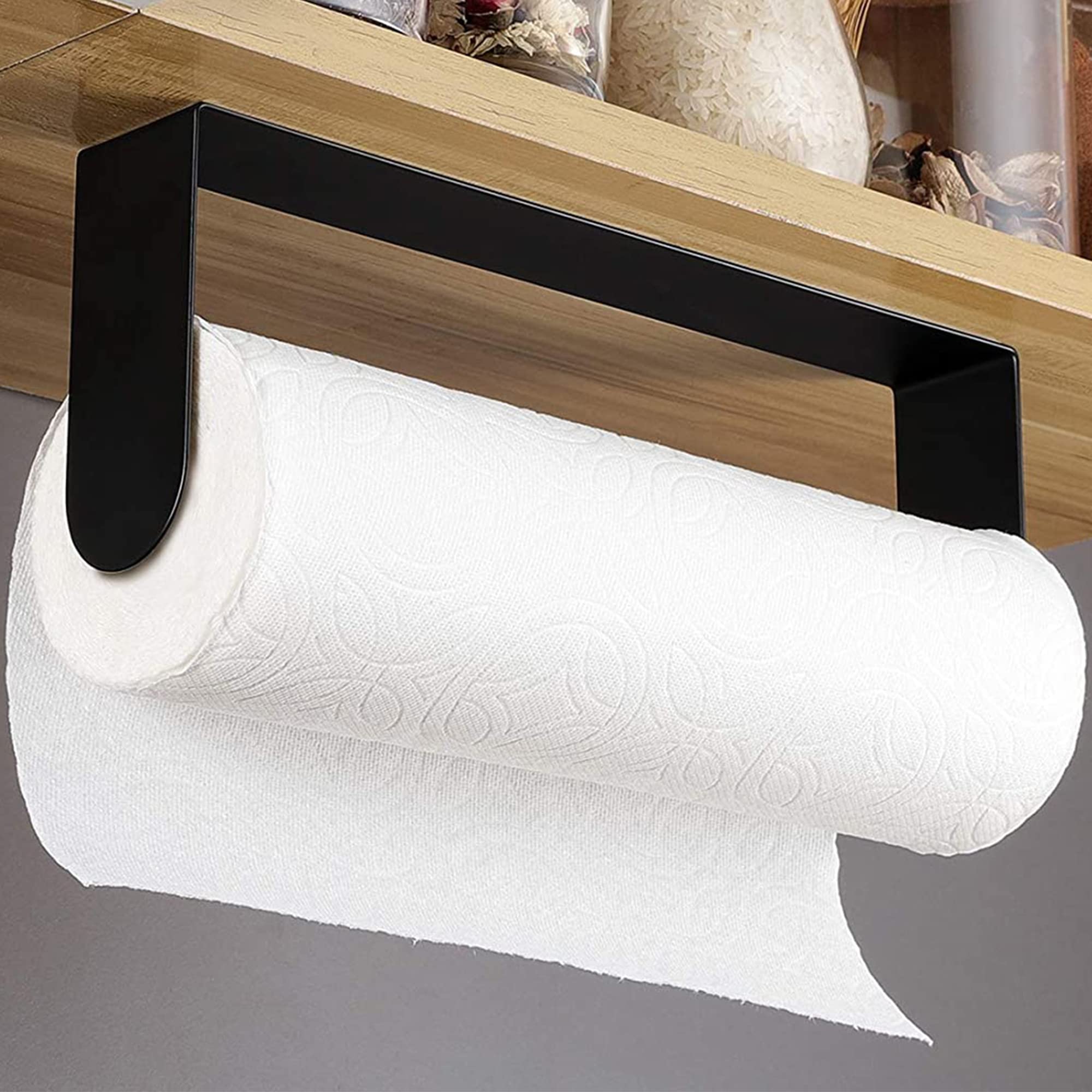 YIGII Black Paper Towel Holder Wall Mount - Under Cabinet Self Adhesive Paper Towel Rack for Kitchen, SUS-304 Stainless Steel