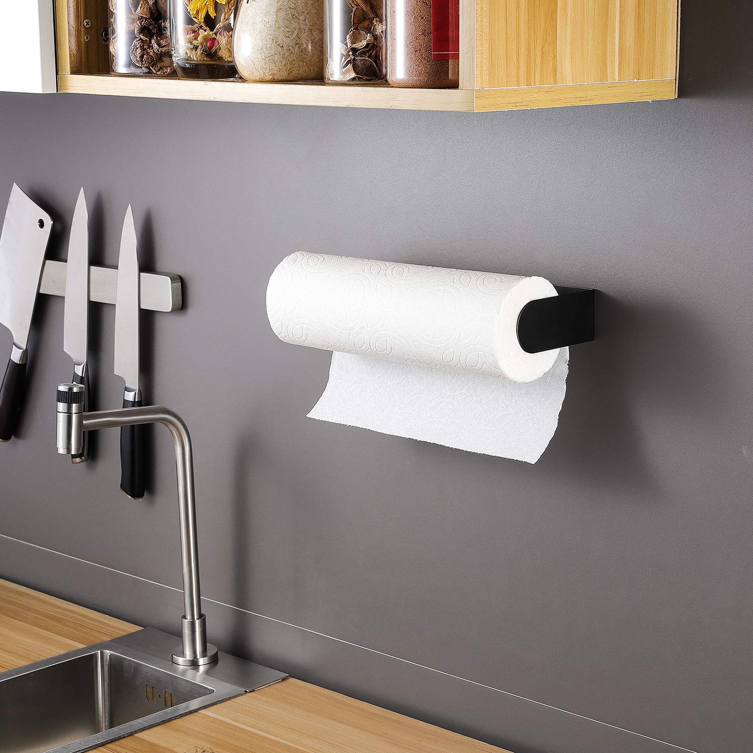 YIGII Black Paper Towel Holder Wall Mount - Under Cabinet Self Adhesive Paper Towel Rack for Kitchen, SUS-304 Stainless Steel