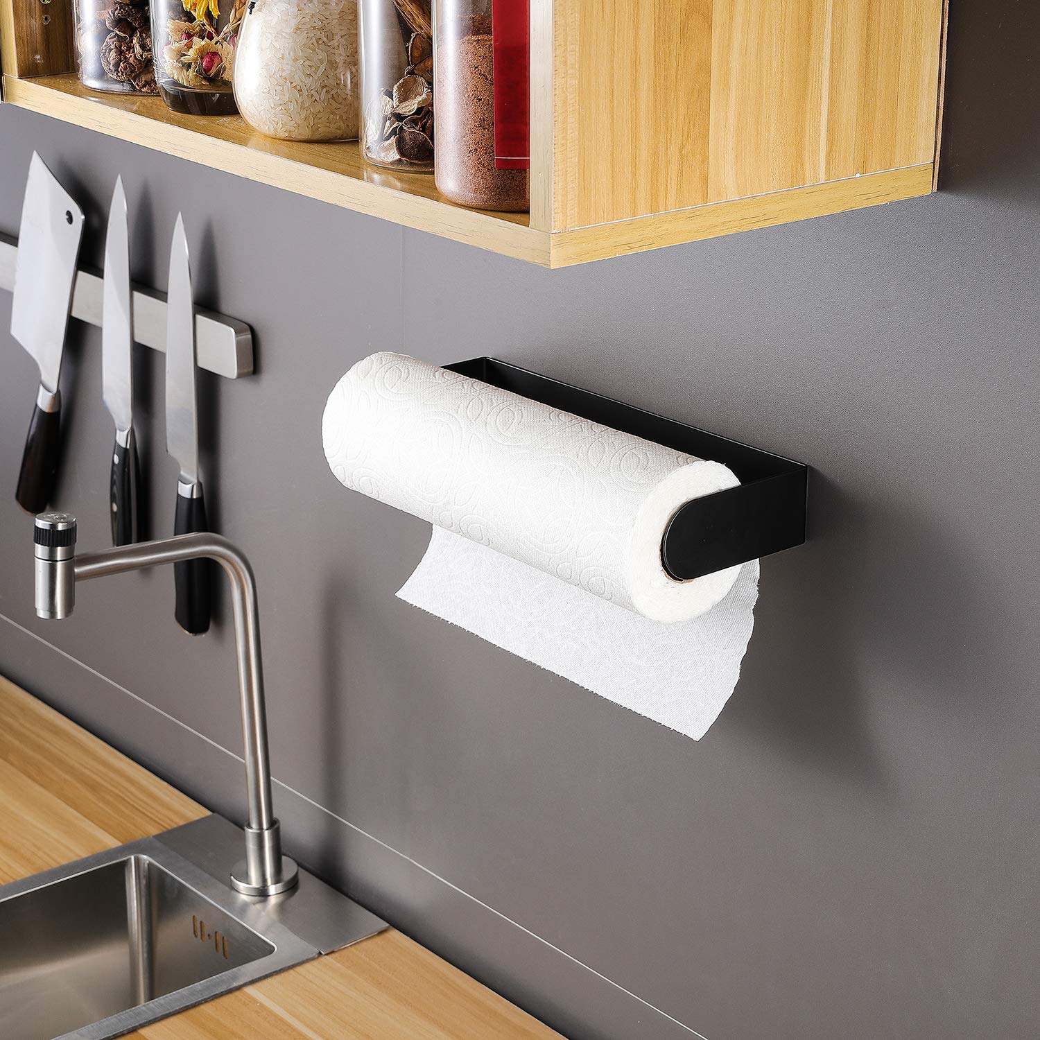 YIGII Black Paper Towel Holder Wall Mount - Under Cabinet Self Adhesive Paper Towel Rack for Kitchen, SUS-304 Stainless Steel