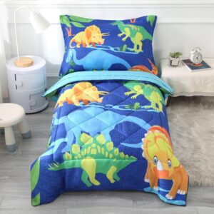 wowelife dinosaur toddler bedding set blue toddler bedding sets for boys, premium 4 piece toddler bed set dinosaur, blue toddler comforter set, super soft and comfortable