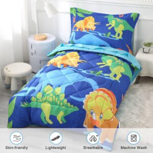 Wowelife Dinosaur Toddler Bedding Set Blue Toddler Bedding Sets for Boys, Premium 4 Piece Toddler Bed Set Dinosaur, Blue Toddler Comforter Set, Super Soft and Comfortable