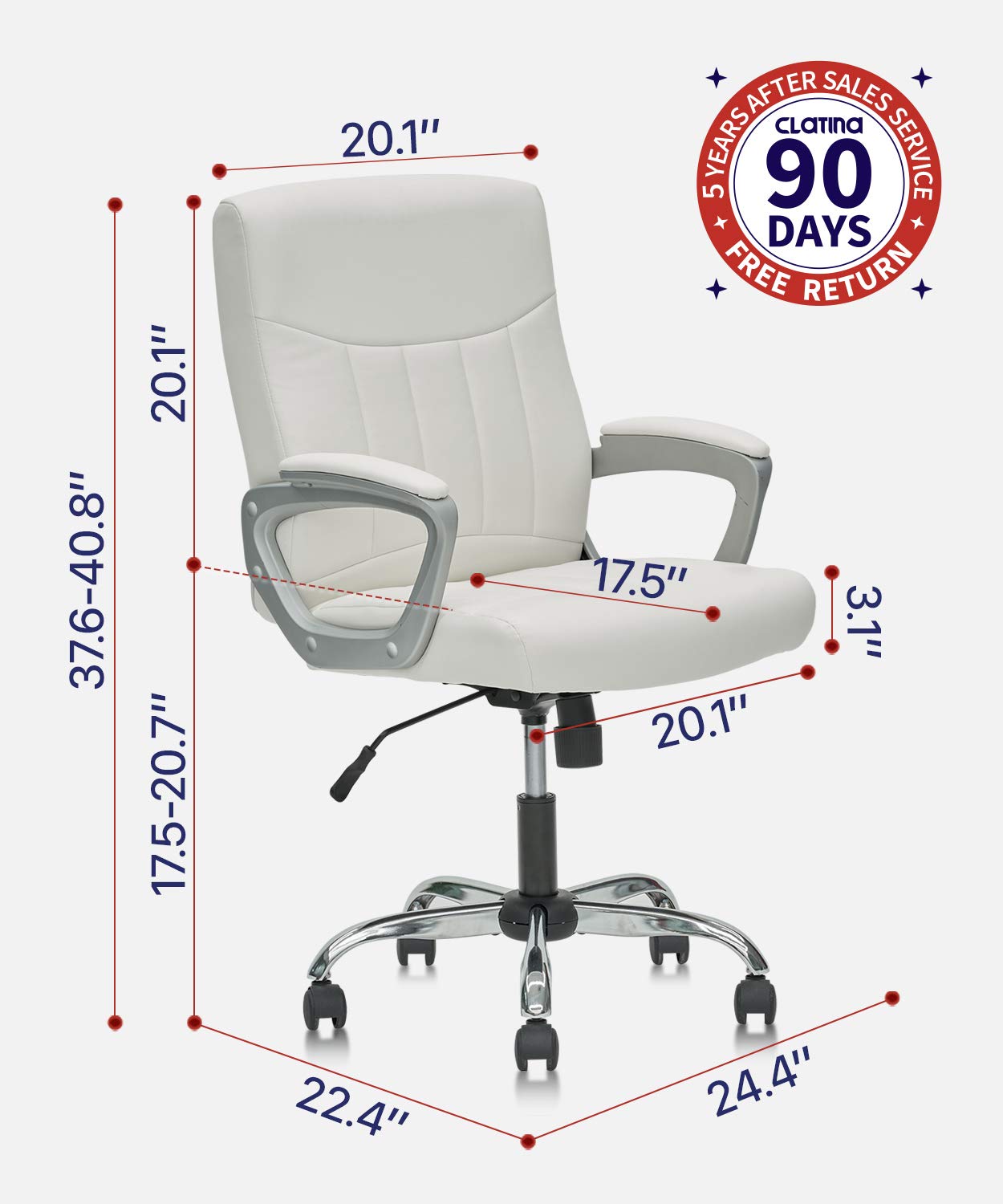 CLATINA Office Computer Desk Chair Executive Mid Back Chair Comfortable Ergonomic Managerial Chair Adjustable PU Leather Home Office Desk Chair Swivel, White 1PK