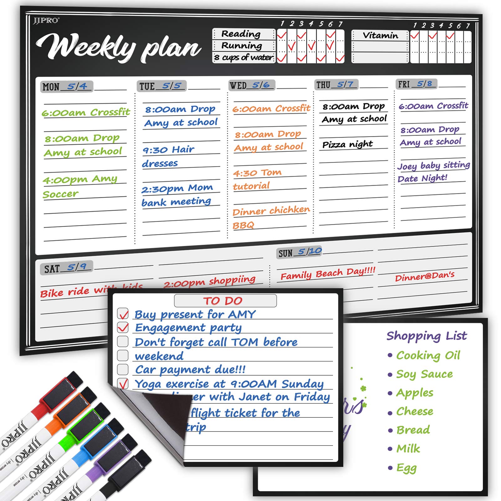 JJPRO Magnetic Dry Erase Weekly Calendar Whiteboard for Refrigerator-One Weekly Planner Whiteboard and Two Notes Boards Set for Fridge-Refrigerator Organizer with Weekly Planning Boards