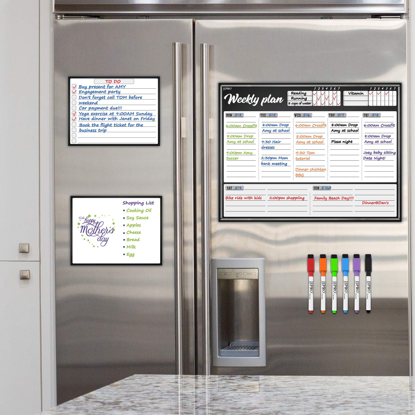 JJPRO Magnetic Dry Erase Weekly Calendar Whiteboard for Refrigerator-One Weekly Planner Whiteboard and Two Notes Boards Set for Fridge-Refrigerator Organizer with Weekly Planning Boards