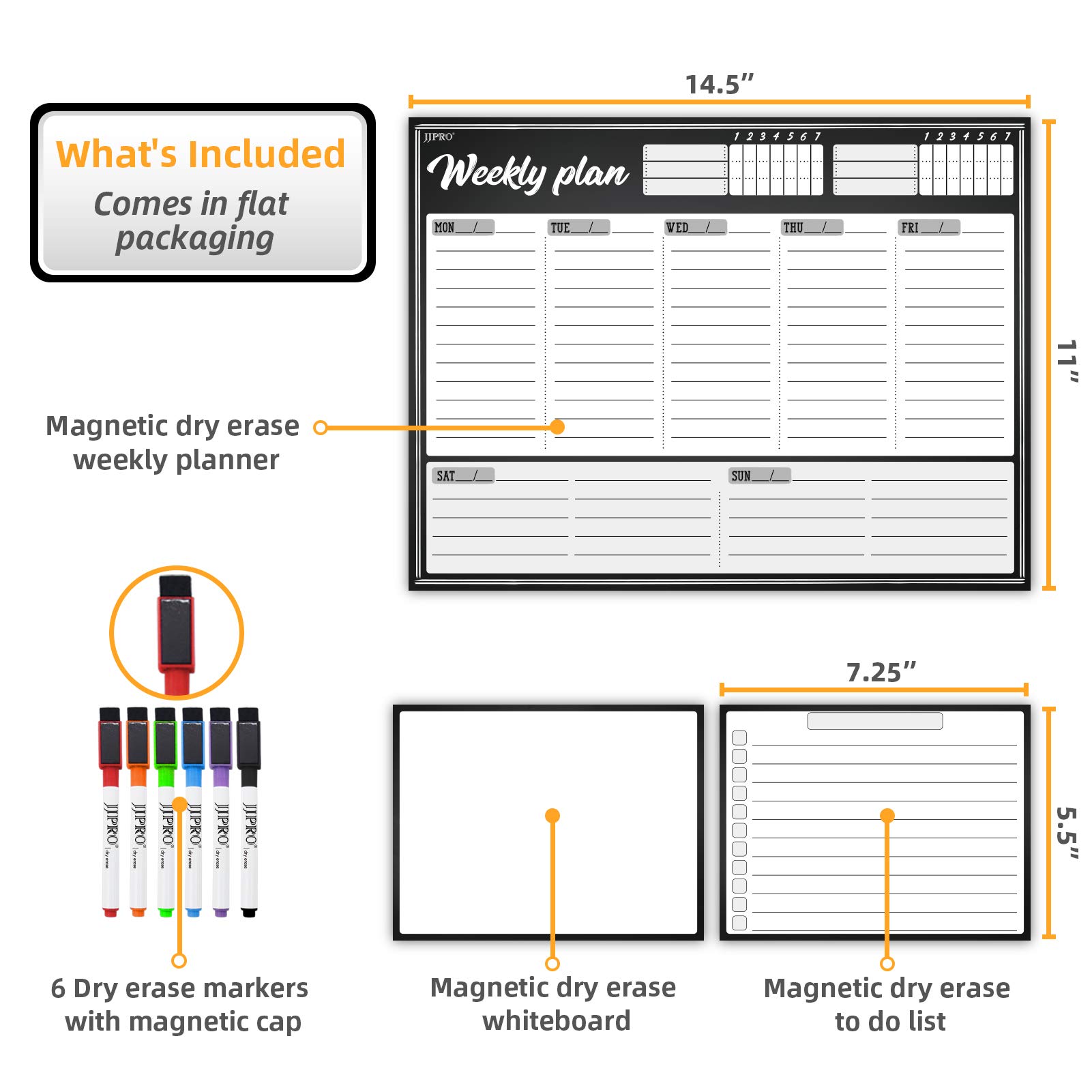 JJPRO Magnetic Dry Erase Weekly Calendar Whiteboard for Refrigerator-One Weekly Planner Whiteboard and Two Notes Boards Set for Fridge-Refrigerator Organizer with Weekly Planning Boards