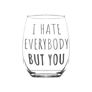 celebrimo funny bestie gifts for women - i hate everybody but you wine glass - funny bestfriend christmas stocking stuffers - fun birthday gifts for boyfriend, girlfriend - cute bff glass 15oz